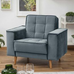 Pharao24.de Einzelsessel blaugrau Retro aus Samtvelours 45 cm Sitzhöhe