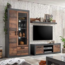 Pharao24.de Wohnzimmer Anbauwand in Dunkelgrau und Altholz Optik Loft Design (dreiteilig)