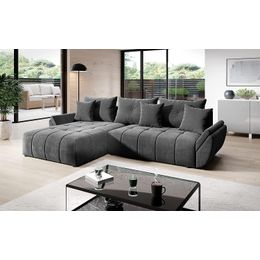 Vigo Velvet Monolith Ecksofa in L-Form 280 cm x 190 cm - Schlafsofa mit Bettkasten - Couch mit Stauraum und Kissen - Sofa mit Schlaffunktion - Ausziehbares Schlafsofa - Farbe: Grau (M-92)
