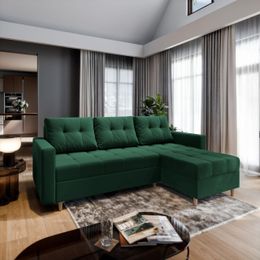 Masseno Ecksofa MILO L mit Schlaffunktion L-Form, Sofa mit Bettkasten, Wohnzimmersofa, Couch, Soffa, Bettsofa, Couchgarnitur- Grün, KRONOS 19
