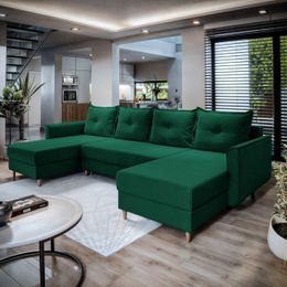 Masseno Ecksofa VERNI mit Schlaffunktion U-Form, Sofa mit Bettkasten, Wohnzimmersofa, Couch, Soffa, Bettsofa, Couchgarnitur- Grün, KRONOS 19