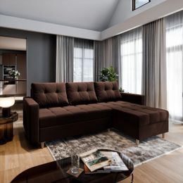 Masseno Ecksofa MILO L mit Schlaffunktion L-Form, Sofa mit Bettkasten, Wohnzimmersofa, Couch, Soffa, Bettsofa, Couchgarnitur- Braun, KRONOS 06