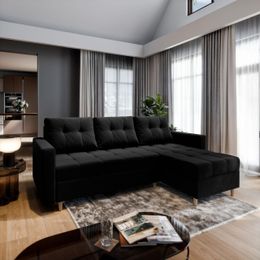 Masseno Ecksofa MILO L mit Schlaffunktion L-Form, Sofa mit Bettkasten, Wohnzimmersofa, Couch, Soffa, Bettsofa, Couchgarnitur- Schwarz, KRONOS 07