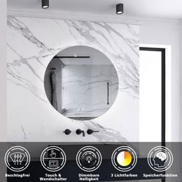 AICA Rund Badspiegel 70cm LED Wandspiegel mit Touch/Wandschalter Beschlagfrei 3 Lichtfarbe+Dimmbar Badezimmerspiegel mit Beleuchtung IP44