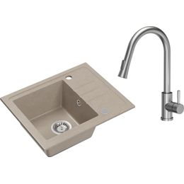 VBChome Spülbecken Granit Beige mit Armatur 55 x 44 cm Einzelbecken Einbauspüle Gesprenkelt Reversibel Granitspüle Siphon Waschbecken Armatur