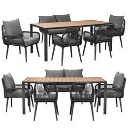Garten Sitzgruppe für 6 Personen mit WPC Tisch, Sofa, Stühlen – wetterfest – Seilgeflecht – Sitzkissen – Outdoor Lounge - anthrazit/grau