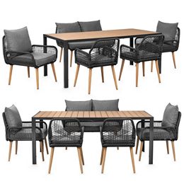 Garten Sitzgruppe für 6 Personen mit WPC Tisch, Sofa, Stühlen – wetterfest – Seilgeflecht – Sitzkissen – Outdoor Lounge - anthrazit/holz