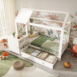 Merax Hausbett Kinderbett 90x200 cm aus Massivholz, Einzelbett mit Schublade und abnehmbarem Nachttisch, Weiß, ohne Matratze