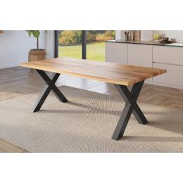 Esstisch 220x100 cm Baumkante Holz Wildeiche-Optik X-Gestell Metall schwarz JULIUS