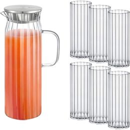 Glaskaraffe 1,5L mit 6 Wassergl&auml;sern (350 ml) &ndash; Elegantes Set mit Edelstahl-Deckel
