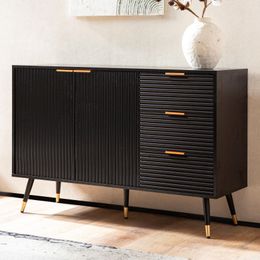 FineBuy Sideboard 120cm Kommode mit 2 T&uuml;ren & 3 Schubladen in MDF Eiche Schwarz Dekor