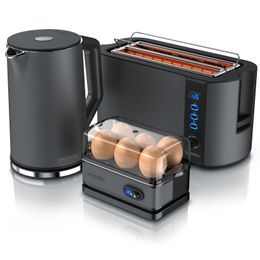 arendo 3-teiliges Fr&uuml;hst&uuml;cksset - Wasserkocher 1,5l, 4-Scheiben Toaster, 6er Eierkocher, Grau