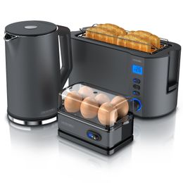 arendo 3-teiliges Fr&uuml;hst&uuml;cksset, Wasserkocher ELEGANT 1,5l, 4-Scheiben Toaster, 6er Eierkocher, Grau