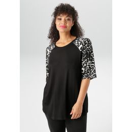 T-Shirt ANISTON PLUS, Damen, Gr. 54, schwarz (schwarz, grau, schwarz), Single Jersey, Obermaterial: 95% Viskose, 5% Elasthan, animal-print, gemustert, figurumspielend h&uuml;ftbedeckend, Rundhals, Raglan&auml;rmel, Shirts T-Shirt, mit 3/4 langen Raglan&auml;rmel in Leoprint - NEUE KOLLEKTION