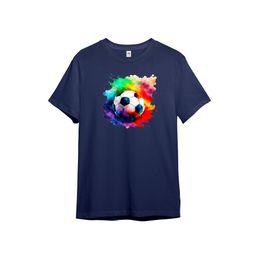 PAULGOS Kinder T-Shirt, Bunter Fu&szlig;ball in Navi-Blau | Gr.: 116