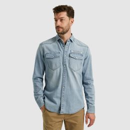 PME-Legend PME LEGEND Herren Jeanshemd "Long Sleeve Shirt Bleach Indigo denim", blau, Gr. XL, unifarben, Web, Obermaterial: 100% Baumwolle, Hemden, mit