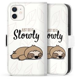 DeinDesign iPhone 12 mini Handy Klapph&uuml;lle Handyh&uuml;lle aus Kunst Leder wei&szlig; Flip Case Animals Sloth Lazy Sunday Sideflip mit Lasche