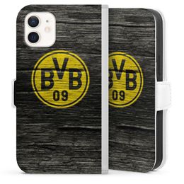 DeinDesign iPhone 12 mini Handy Klapph&uuml;lle Handyh&uuml;lle aus Kunst Leder wei&szlig; Flip Case Wooden Look Bvb Borussia Dortmund Sideflip mit Lasche