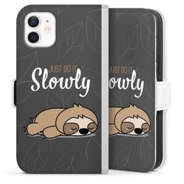 DeinDesign iPhone 12 mini Handy Klapph&uuml;lle Handyh&uuml;lle aus Kunst Leder wei&szlig; Flip Case Sloth Lazy Sunday Sayings Sideflip mit Lasche