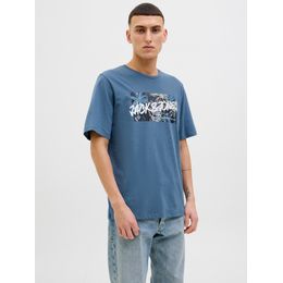 Jack & Jones JACK & JONES Herren Print-Shirt "JJHAWAII SHAPE TEE SS CREW NECK", blau, Gr. S, bedruckt, Jersey, Obermaterial: 100% Baumwolle, Shirts