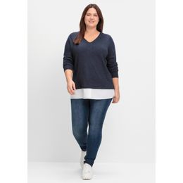sheego Damen Feinstrickpullover mit Blusen-Einsatz am Saum, tiefblau-meliert, Gr&ouml;&szlig;e 40/42