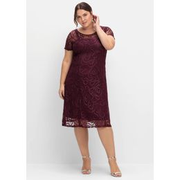 Spitzenkleid sheego "Spitzenkleid", Damen, Gr. 56, Normalgr&ouml;&szlig;en, lila (aubergine), Spitze, 100% Polyamid, unifarben, knielang, Rundhals, Kleider Spitzenkleid