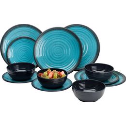 Flamefield Granite Geschirr-Set 12-tlg. aqua/schwarz f&uuml;r 4 Personen - Kunststoff und Melamin Geschirr-Sets