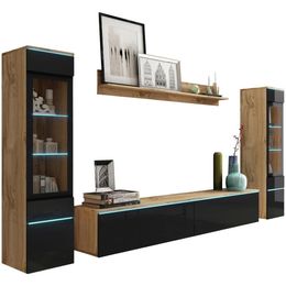 P & B Wohnwand Vera , Eiche Wotan, Schwarz Hochglanz , Glas, Holzwerkstoff , 4-teilig , 6 Fächer , kaltweiß , 240x130x33 cm , Fsc, Made in EU ,