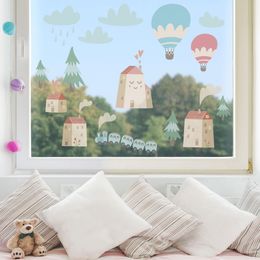 Bilderwelten Fensterfolie Himmel modern Sichtschutz einzigartig - Häuser und Eisenbahn - Ballon Kinderzimmer Baby Mädchen Jungen