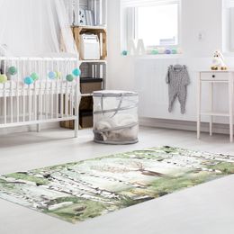 Bilderwelten Vinylteppich modern gr&uuml;n Wald Aquarell - Majest&auml;tischer Hirsch im Birkenwald - B&auml;ume Kinderzimmer