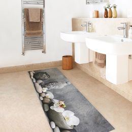 Bilderwelten Vinylteppich Motiv grau Spirituell Vinylmatte - Zen Buddha mit wei&szlig;en Orchideen - Buddha K&uuml;che Badezimmer Flur