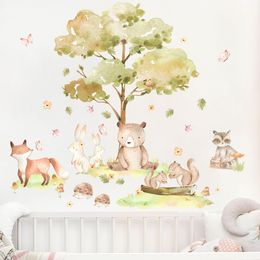Bilderwelten Wandtattoo Wald Illustration Aquarell bunt - Aquarell Waldtiere Herbstbaum - B&auml;ume Kinderzimmer Baby M&auml;dchen Jungen