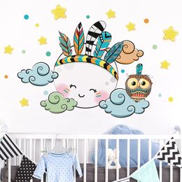 Bilderwelten Wandtattoo Tiere Illustration selbstklebend bunt - Indianer Mond Eule Wolken Sterne - Indianer Kinderzimmer Baby M&auml;dchen Jungen