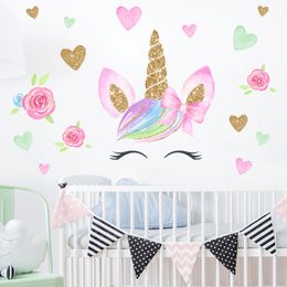 Bilderwelten Wandtattoo Tiere Illustration selbstklebend rosa - Aquarell Einhorn Gold Glitzer Blumen - Einhorn Kinderzimmer Baby M&auml;dchen Jungen