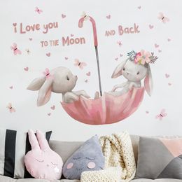 Bilderwelten Wandtattoo Tiere Illustration selbstklebend beige - Bis zum Mond Hasen im Regenschirm - Herz Kinderzimmer Baby M&auml;dchen Jungen