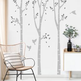 Bilderwelten Wandtattoo Wald Illustration selbstklebend grau - Birken Wald Bl&auml;tter V&ouml;gel Grau - B&auml;ume Kinderzimmer Baby M&auml;dchen Jungen
