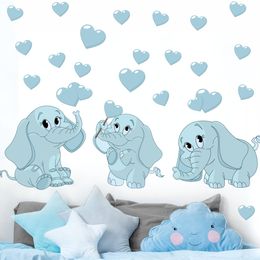 Bilderwelten Wandtattoo Tiere modern selbstklebend Wandaufkleber - Drei blaue Elefantenbabies mit Herzen - Herz Kinderzimmer Baby M&auml;dchen Jungen