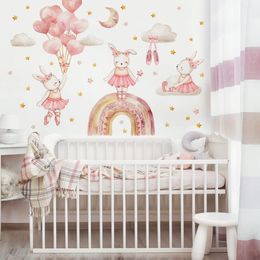 Bilderwelten Wandtattoo Tiere Illustration Aquarell rosa - Ballerina H&auml;schen Set &uuml;ber den Wolken - Himmel Kinderzimmer Baby M&auml;dchen Jungen