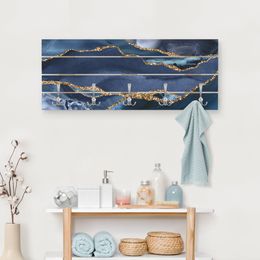 Bilderwelten Wandgarderobe blau Abstrakt Flurgarderobe - Goldene Glitzer Wellen vor Blau - Deko Garderobenpaneel Flur
