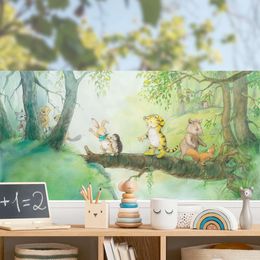 Bilderwelten Fensterbild mehrfarbig Kleiner Tiger - Baumbr&uuml;cke - Fensterfolie, Fensteraufkleber Illustration Kinder Tiere Wald B&auml;ume Aquarell Kinderzimmer Jungen
