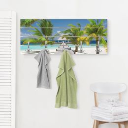 Bilderwelten Wandgarderobe blau Strand Tropisch Flurgarderobe - Catwalk to Paradise - Palme Garderobenpaneel Flur