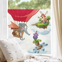 Bilderwelten Fensterbild mehrfarbig Fliegender Bauernhof Elefant in den Wolken - Fensterfolie, Fensteraufkleber Illustration Kinder Tiere Kinderzimmer Jungen