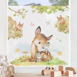 Bilderwelten Fensterfolie Tiere modern Aquarell braun - Aquarell Reh Hasen und Eichh&ouml;rnchen - Deko Kinderzimmer Baby M&auml;dchen Jungen
