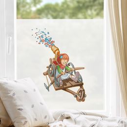 Bilderwelten Fensterfolie Tiere Illustration Aquarell bunt - Fliegender Bauernhof M&auml;dchenflugmaschine - Deko Wohnzimmer Schlafzimmer K&uuml;che