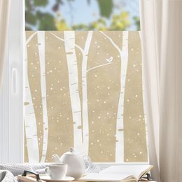 Bilderwelten Fensterfolie Fensterhaftfolie Illustration Sichtschutz beige - Schneekonzert zwischen Birken - Deko Wohnzimmer Schlafzimmer K&uuml;che