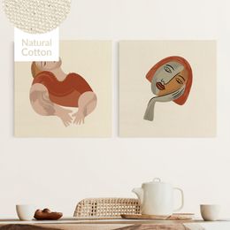 Bilderwelten Leinwandbild Picasso Interpretation - Ruhende - Wandbild bis XXL Print Abstrakt Illustration Kunstdruck Portrait Wohnzimmer Beige
