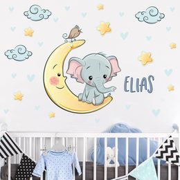 Bilderwelten Wandtattoo Tiere Illustration Aquarell Wandaufkleber - Elefant Mond mit Wunschname - Herz Kinderzimmer Baby M&auml;dchen Jungen