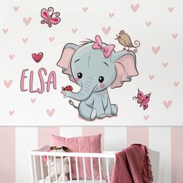 Bilderwelten Wandtattoo Tiere Illustration selbstklebend Wandaufkleber - Elefant mit Wunschname - Herz Kinderzimmer Baby M&auml;dchen Jungen