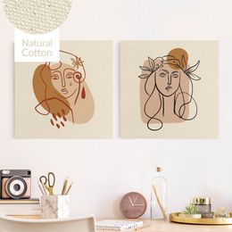 Bilderwelten Leinwandbild Picasso Interpretation - Zwei Musen - Wandbild bis XXL Print Abstrakt Illustration Kunstdruck Portrait Wohnzimmer Beige