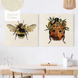 Bilderwelten Leinwandbild Blumen Illustration Kunstdruck gelb - Florale Illustrationen - Hummel und Marienk&auml;fer - Insekten XXL Wohnzimmer Schlafzimmer